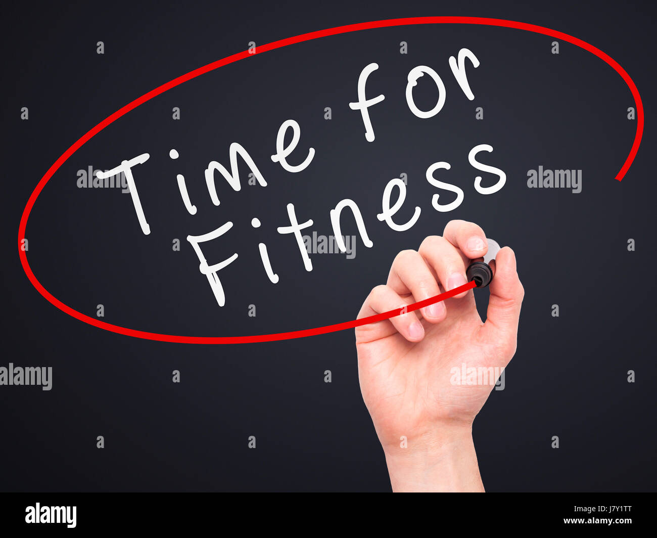 Man Hand writing Time for Fitness with marker on transparent wipe board ...