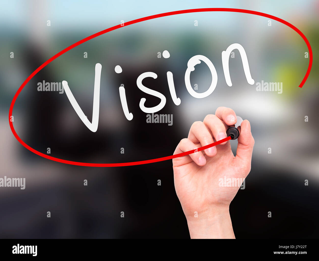 Man Hand writing Vision with marker on transparent wipe board. Isolated ...