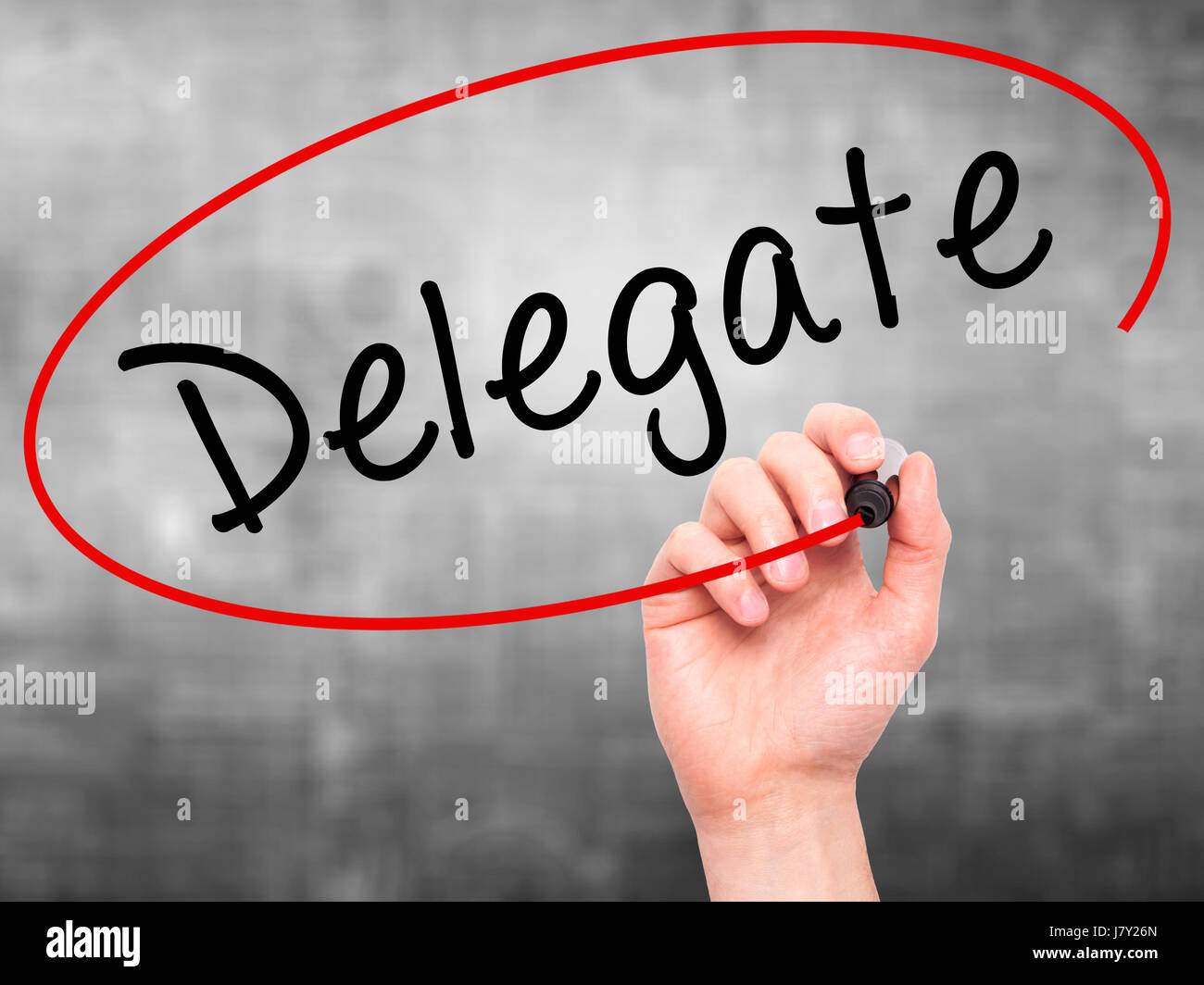 Man Hand writing Delegate black marker on visual screen. Isolated on ...