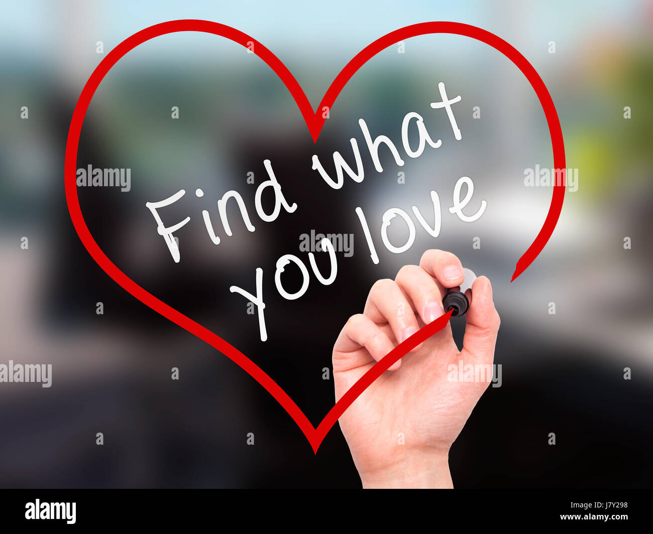 Man Hand writing Find what you love with marker on transparent wipe ...