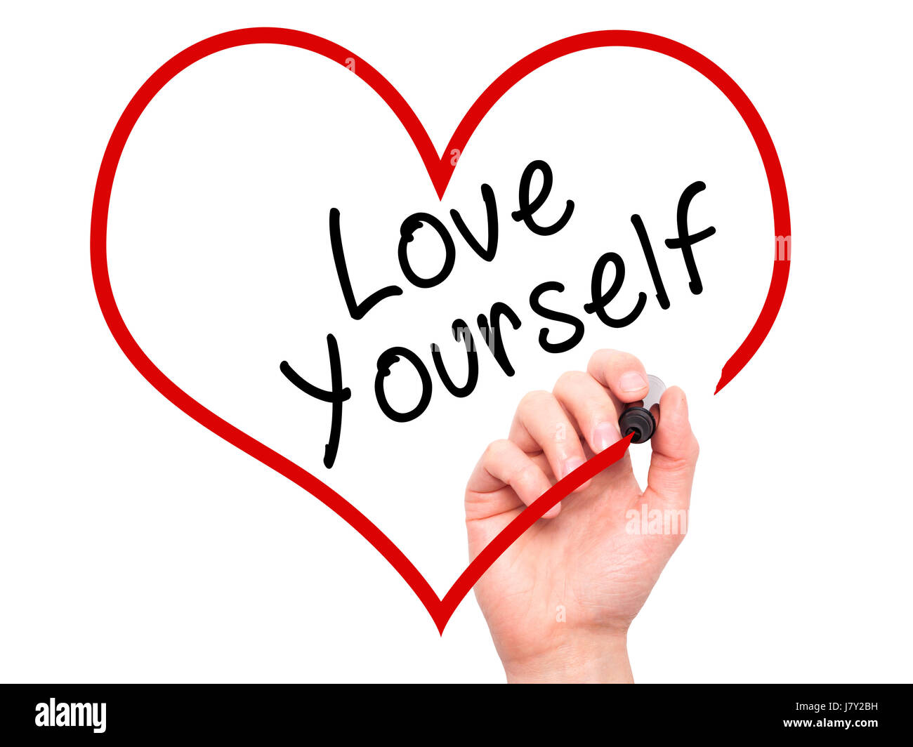 Man Hand writing Love Yourself with marker on transparent wipe board ...