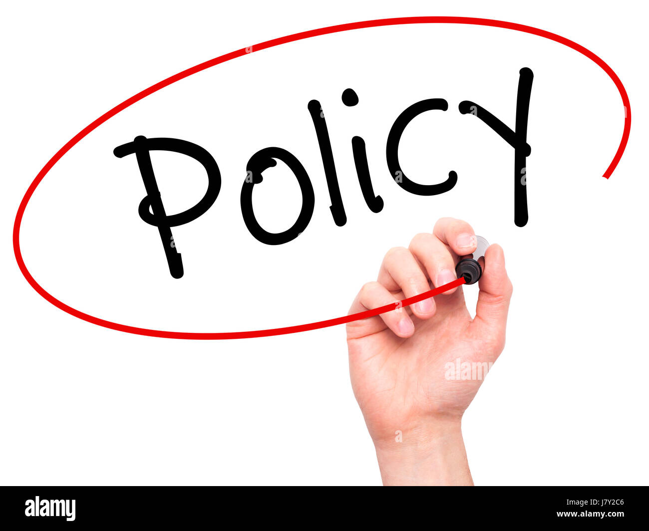 Man Hand writing Policy with marker on transparent wipe board. Isolated ...