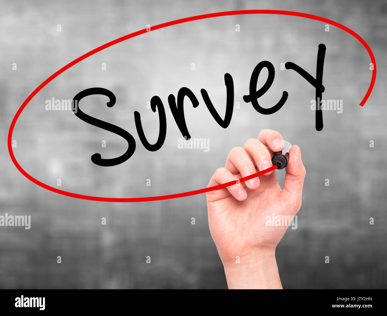 Man Hand writing Survey with marker on transparent wipe board isolated ...
