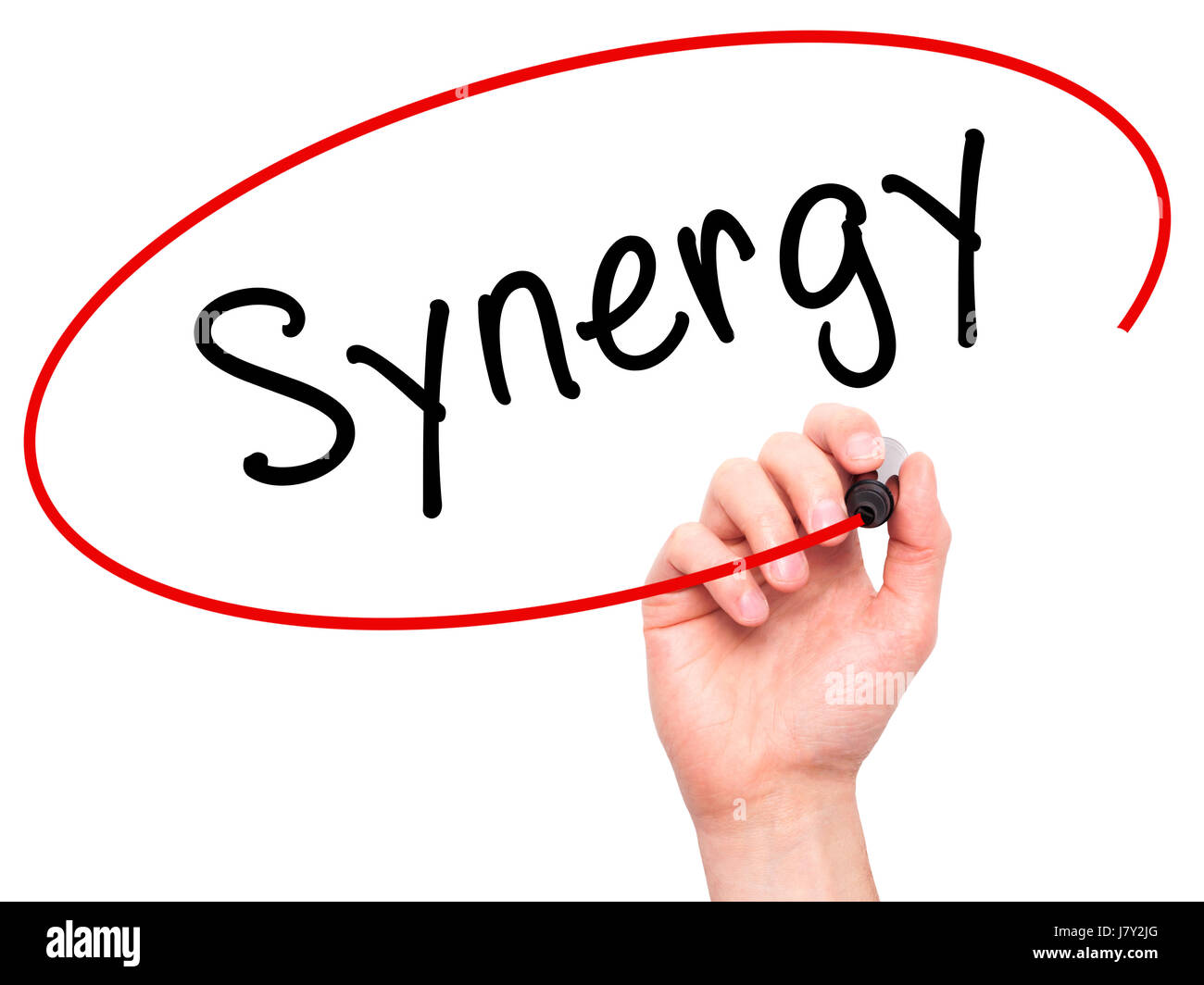 Man Hand writing Synergy black marker on visual screen. Isolated on ...