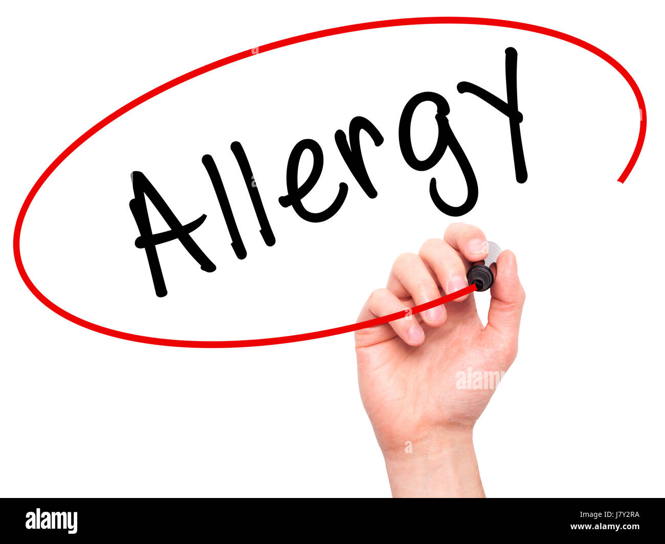 Man Hand writing Allergy with marker on transparent wipe board ...
