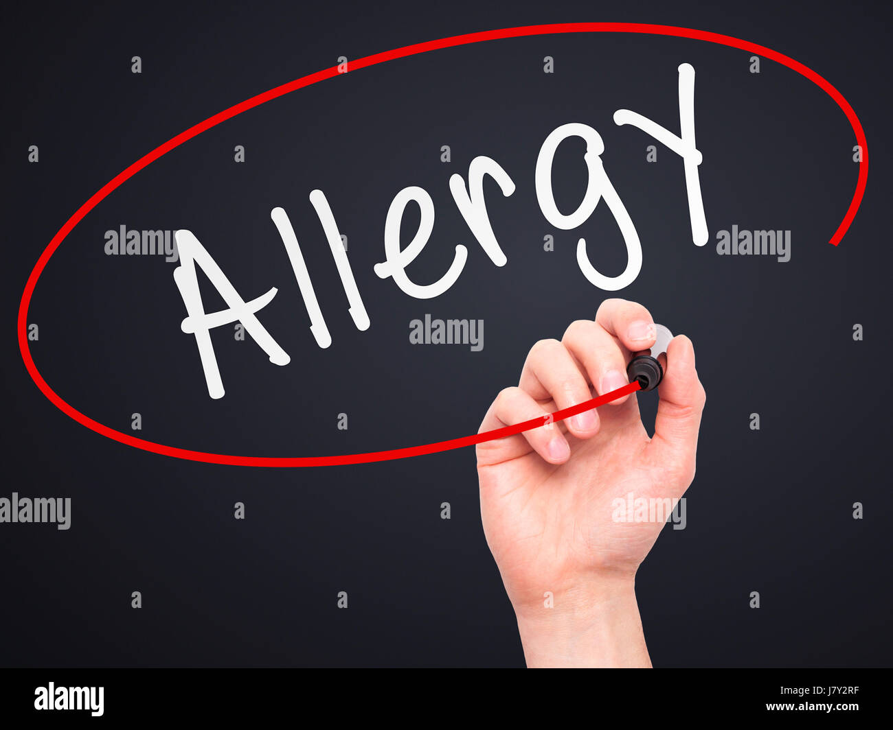 Man Hand writing Allergy with marker on transparent wipe board ...
