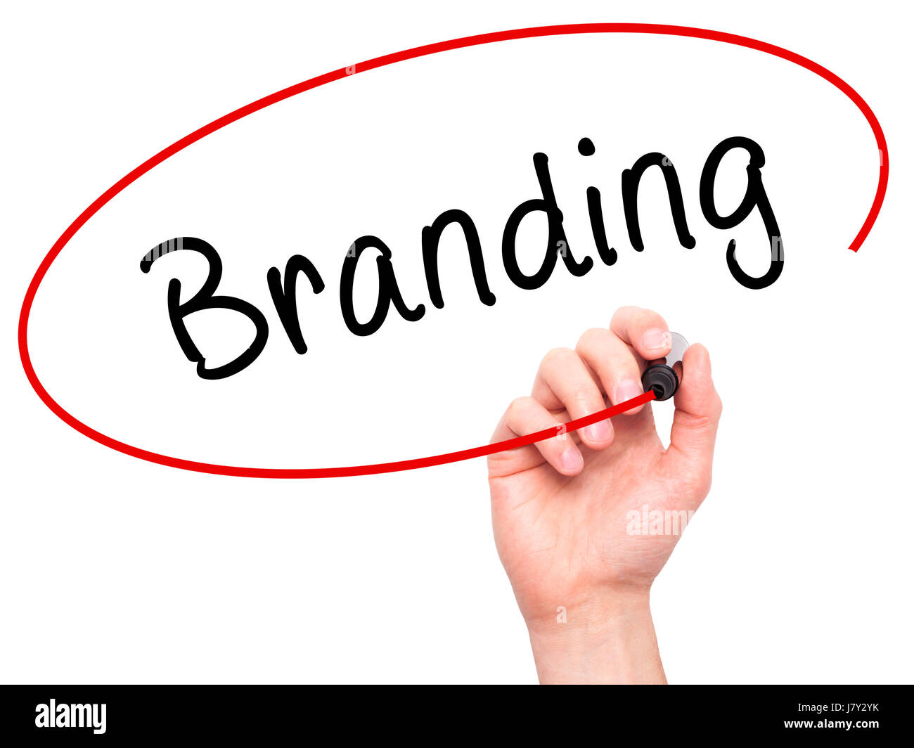 Man Hand writing Branding with marker on transparent wipe board ...