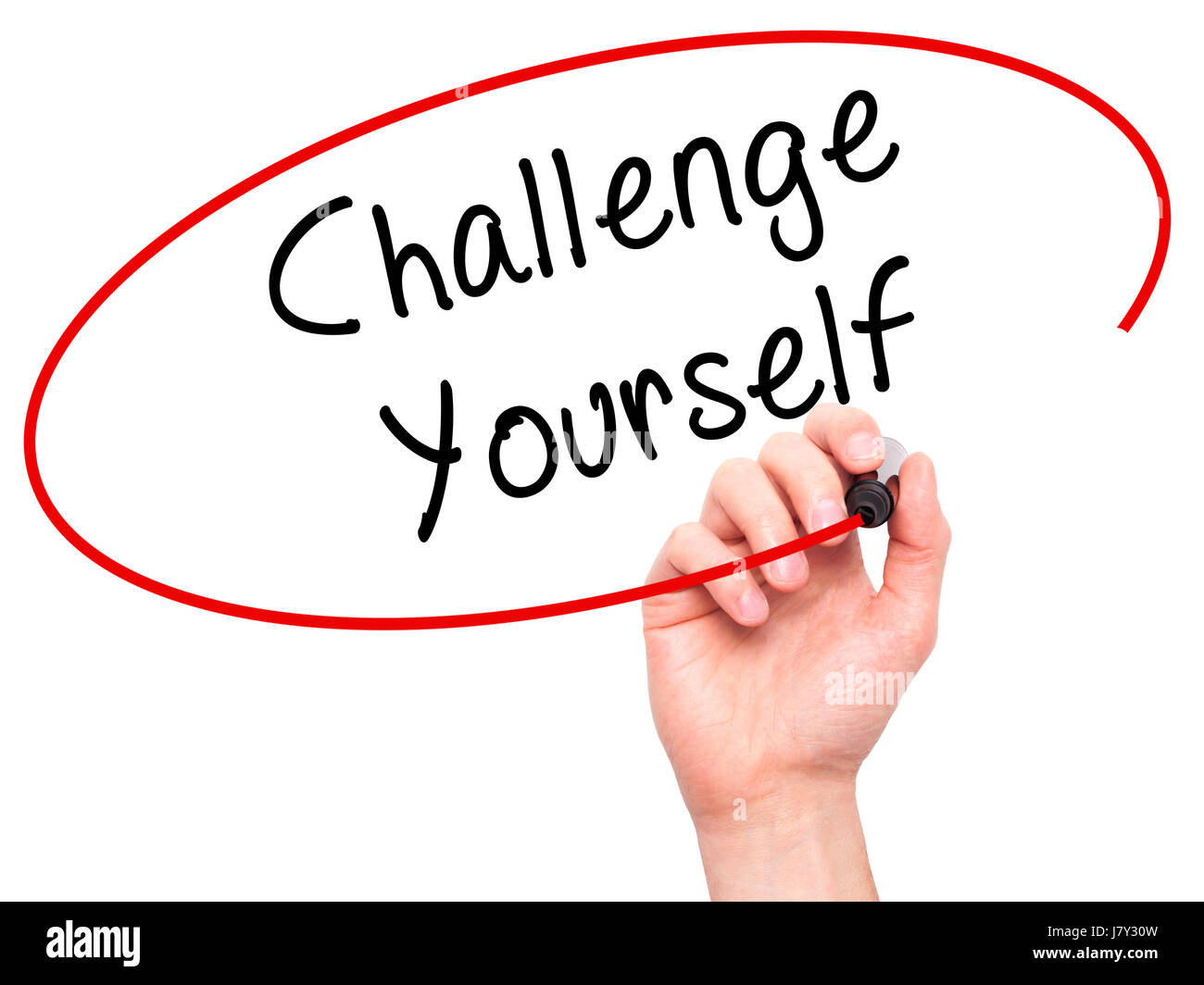 Man Hand writing Challenge Yourself with marker on transparent wipe ...