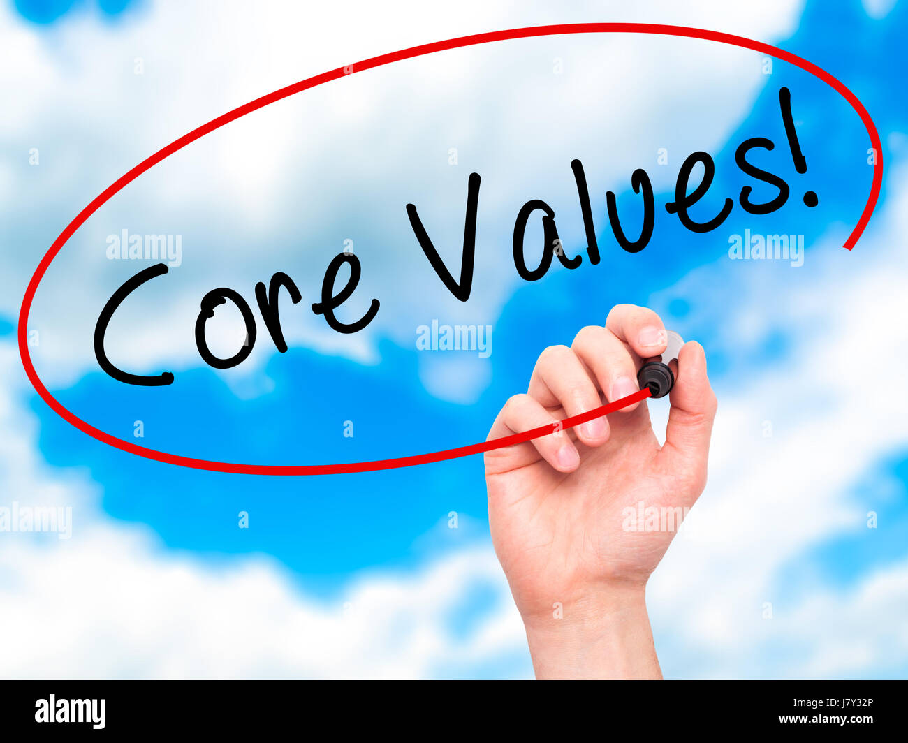 Man Hand writing Core Values with marker on transparent wipe board ...