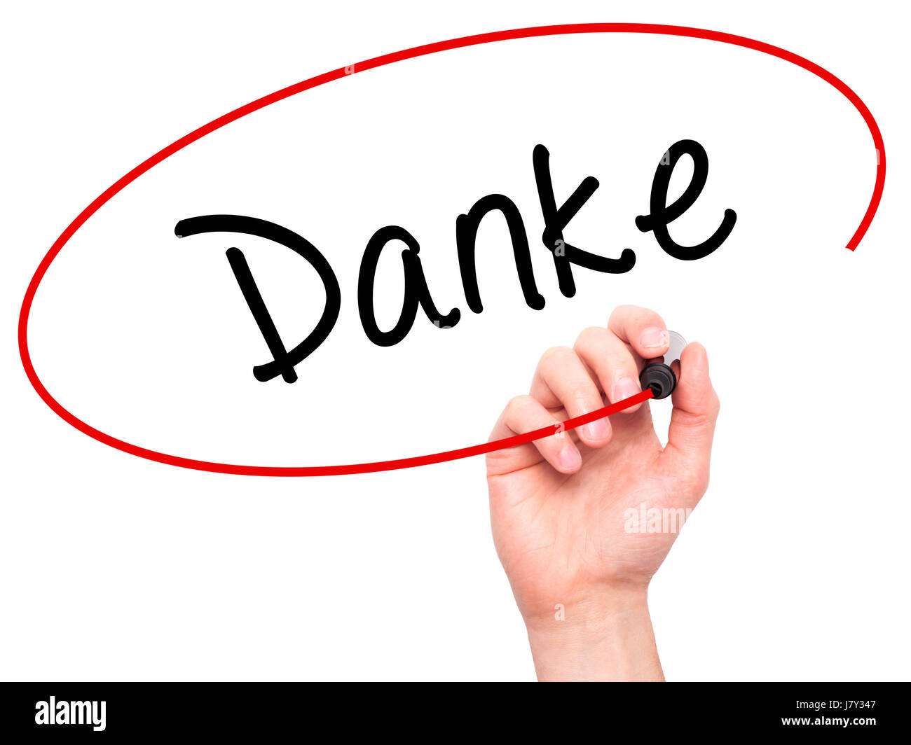 Man Hand writing Danke with marker on transparent wipe board. Isolated ...