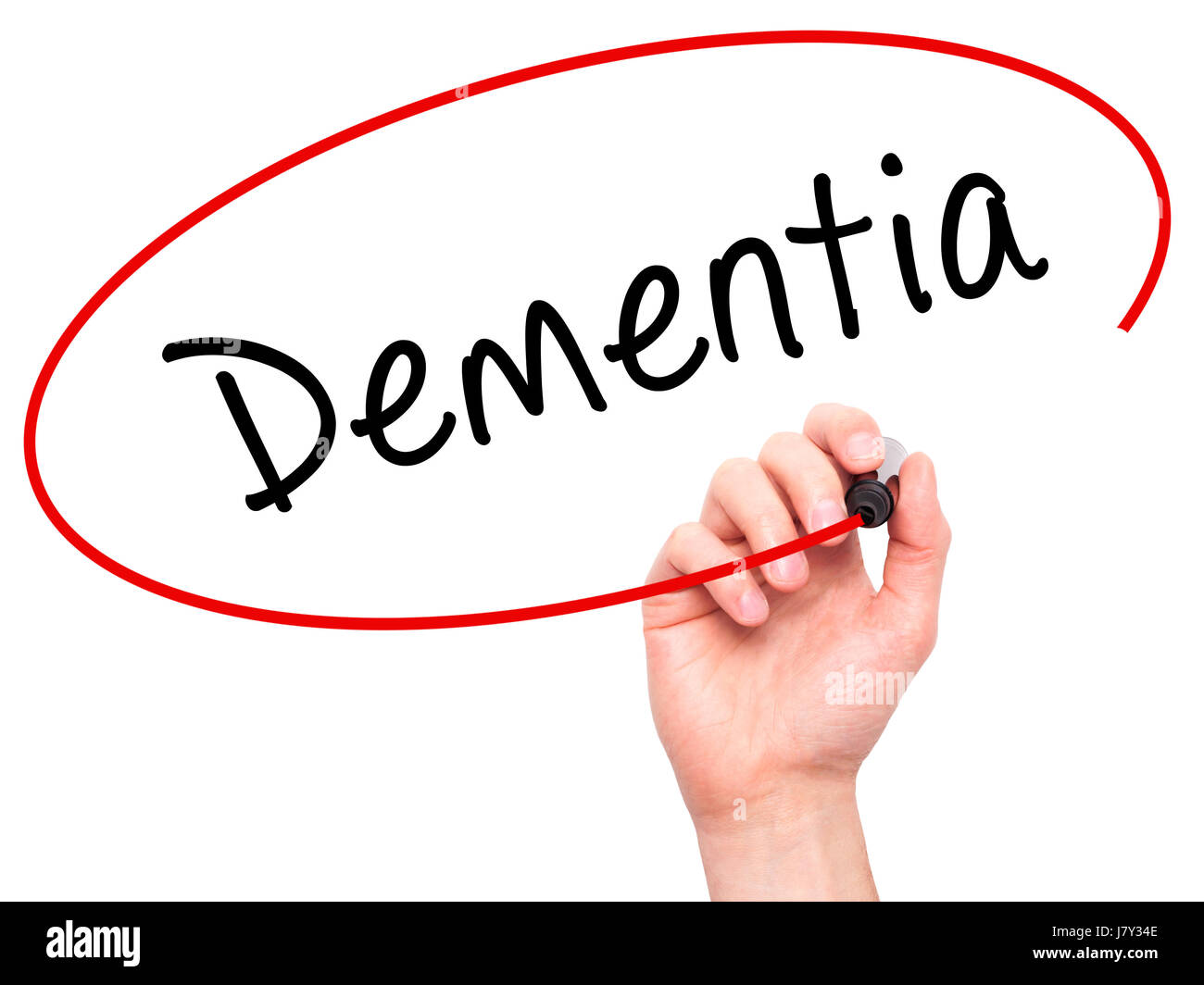 Man Hand writing Dementia with marker on transparent wipe board ...