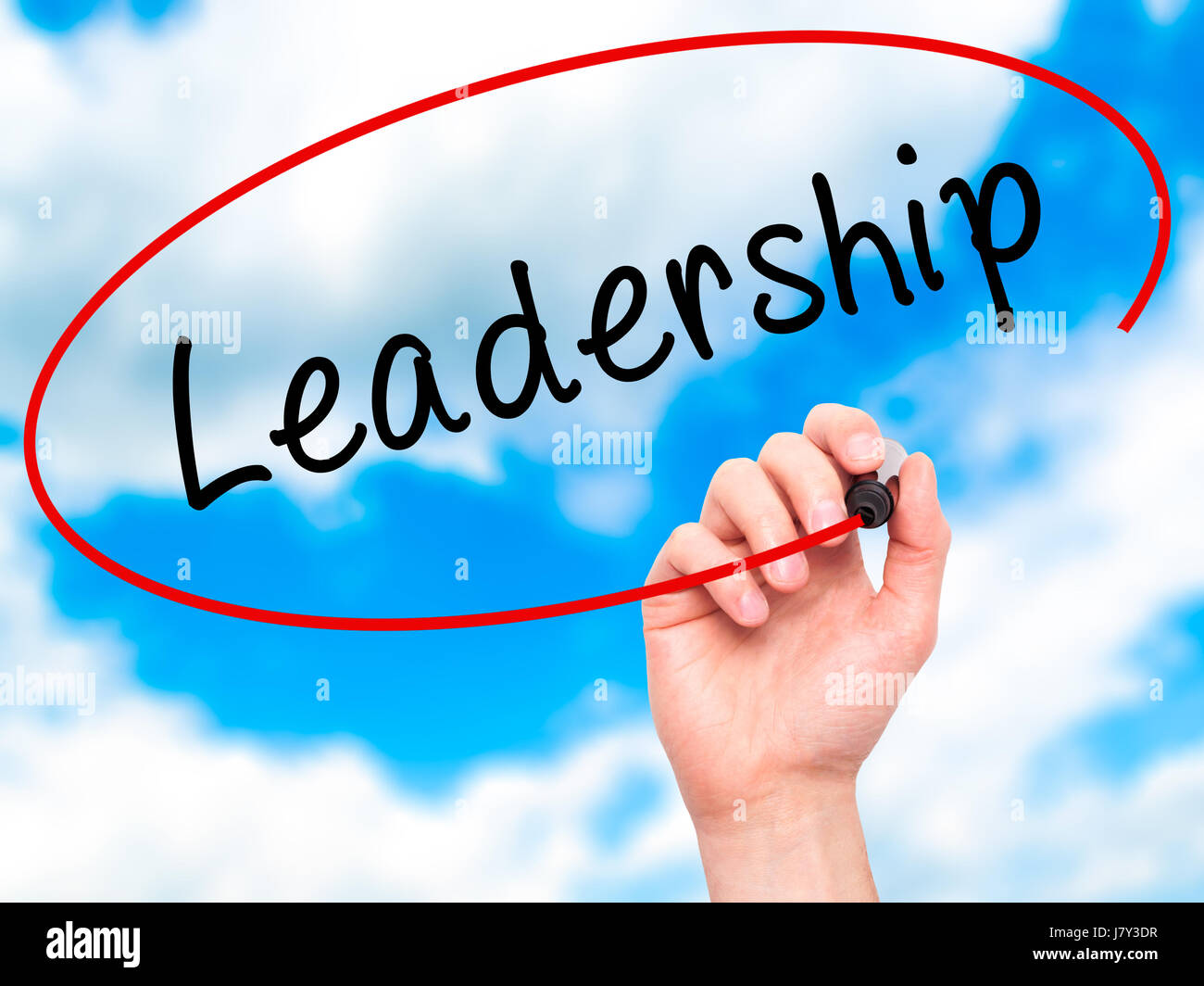 Man Hand writing Leadership with marker on transparent wipe board ...