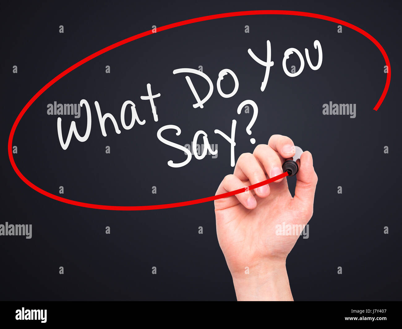 Man hand writing What Do You Say on visual screen. Business,help ...