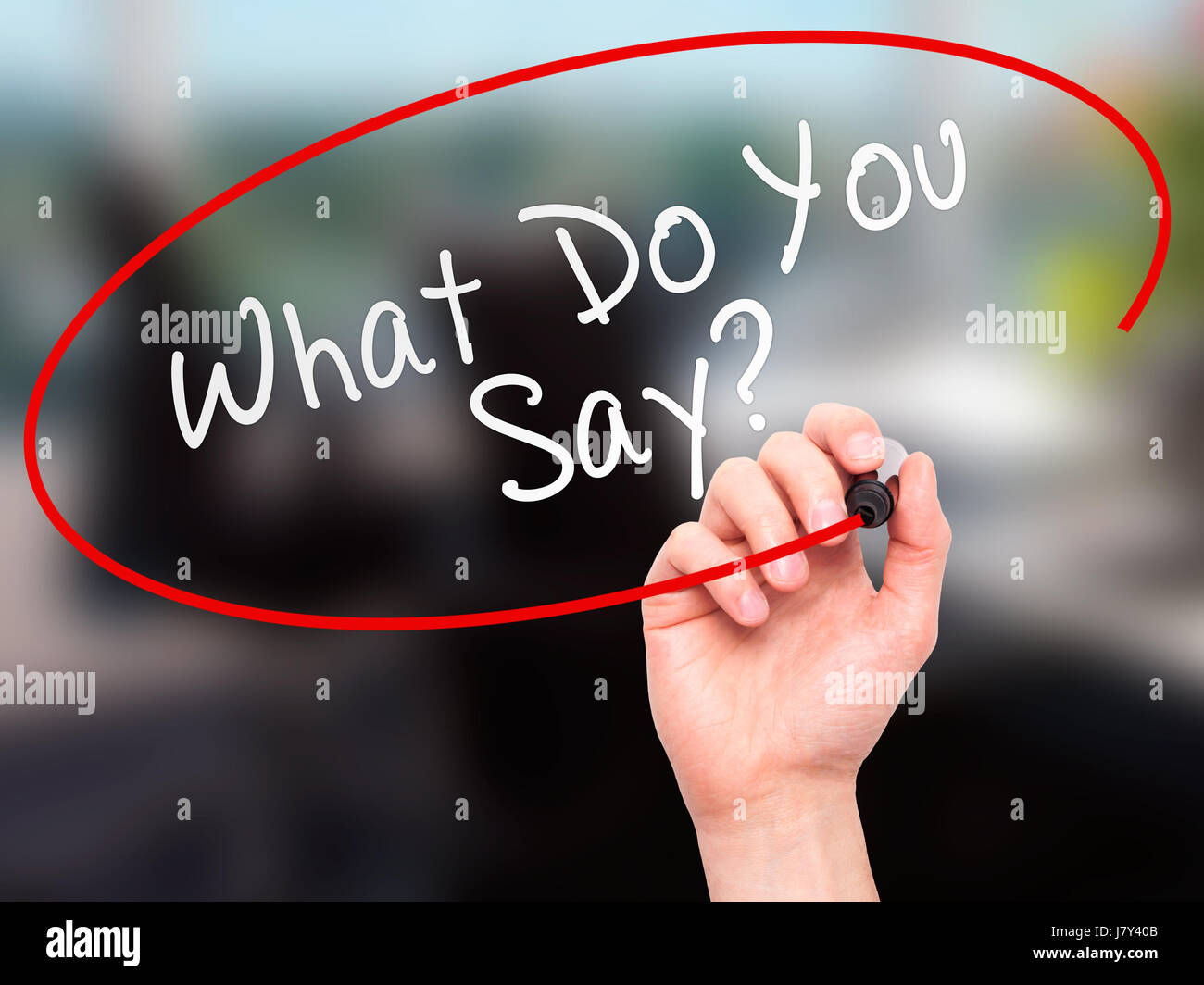 Man hand writing What Do You Say on visual screen. Business,help ...