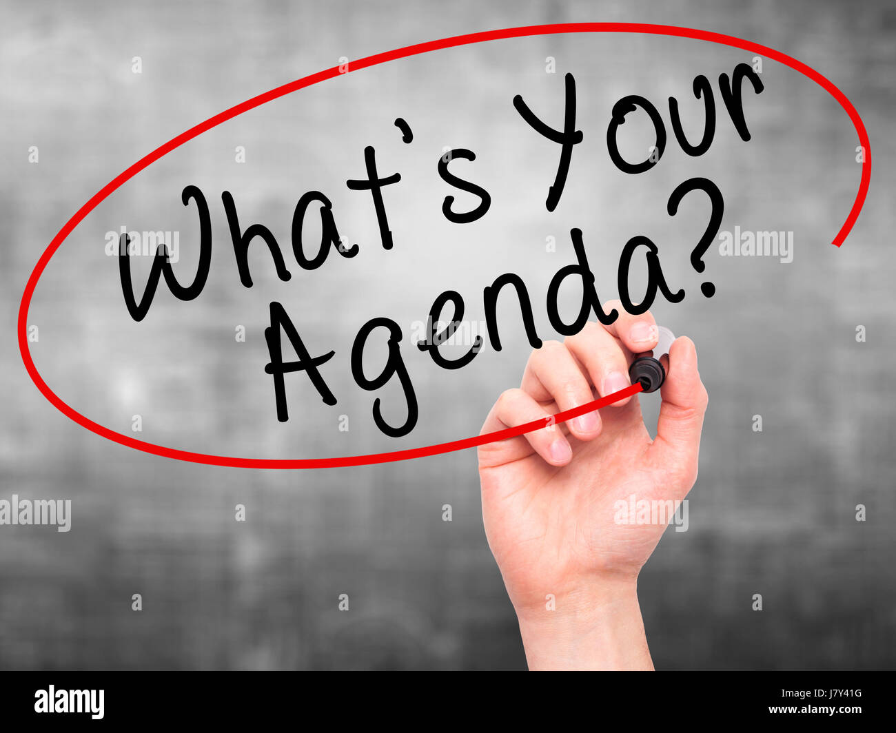 Man Hand writing What's Your Agenda with marker on transparent wipe ...