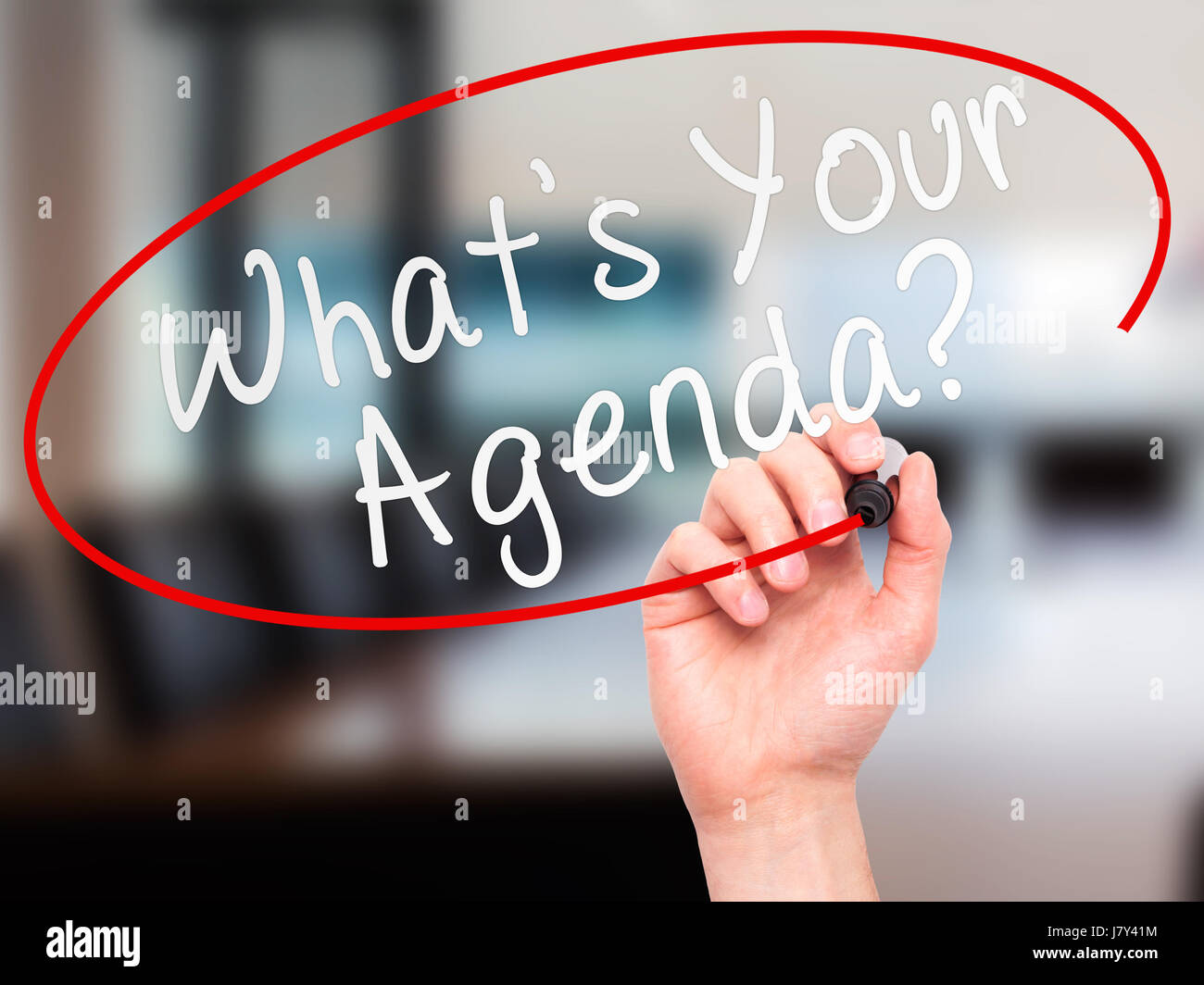 Man Hand writing What's Your Agenda with marker on transparent wipe ...