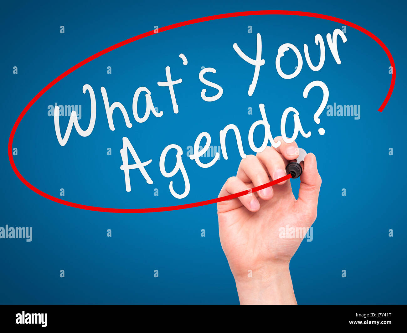 Man Hand writing What's Your Agenda with marker on transparent wipe ...