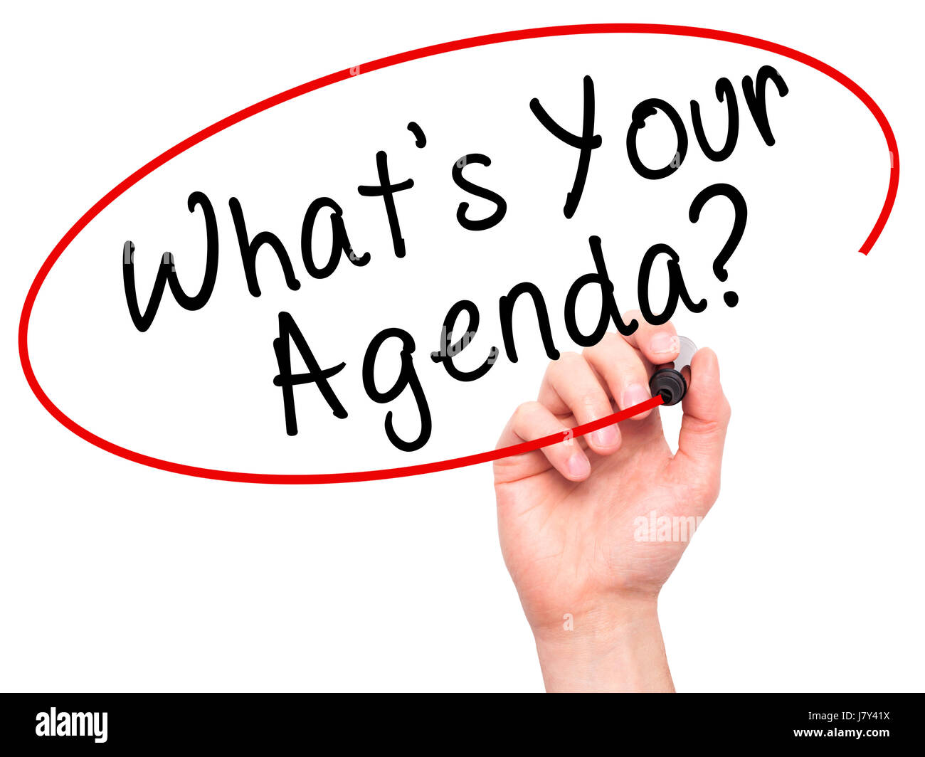 Man Hand writing What's Your Agenda with marker on transparent wipe ...