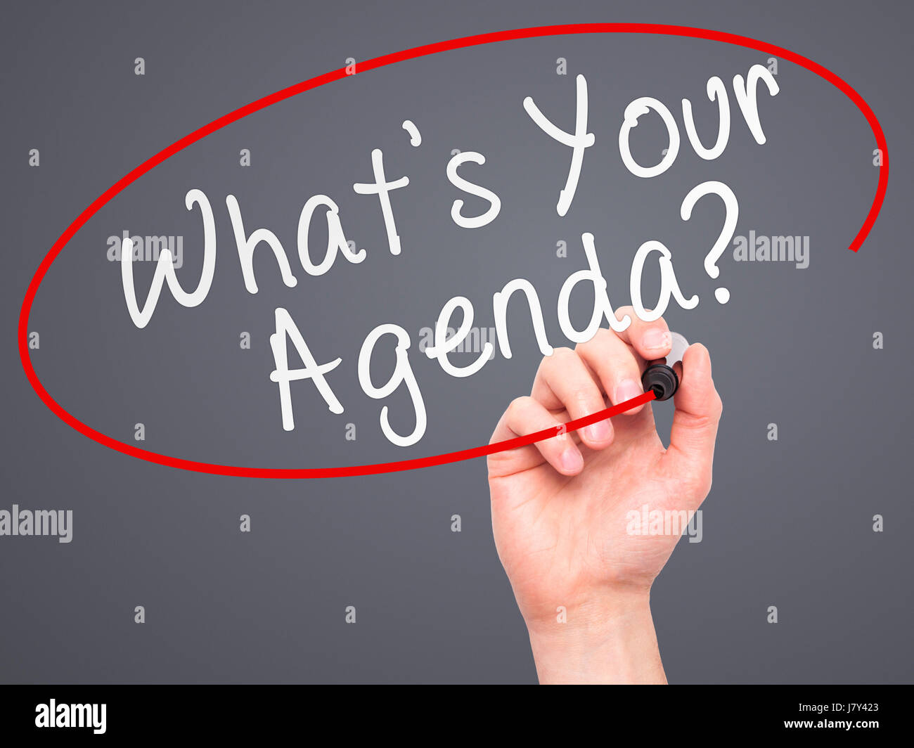 Man Hand writing What's Your Agenda with marker on transparent wipe ...