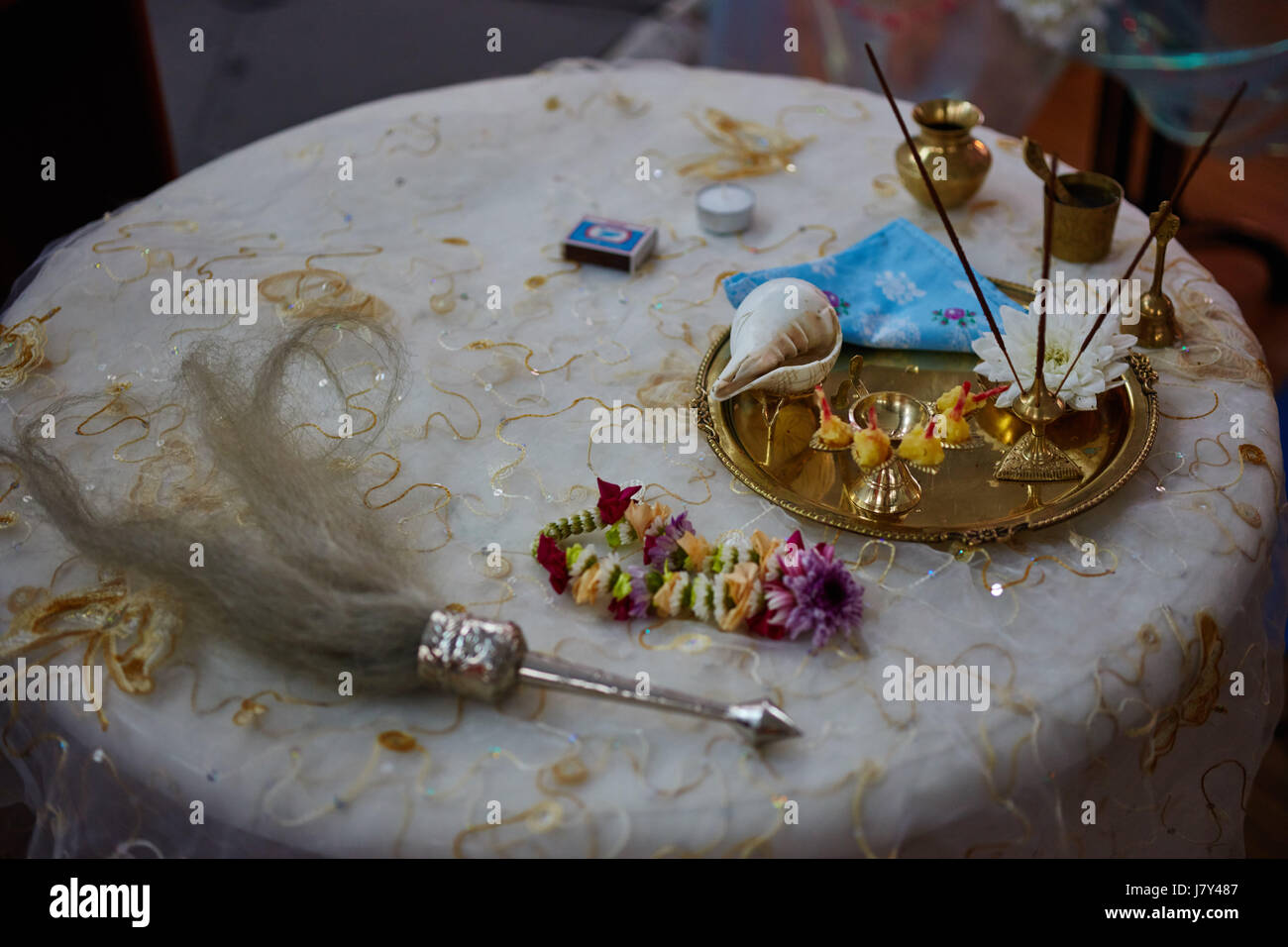 Puja parafernalia for worship Krishna Stock Photo - Alamy