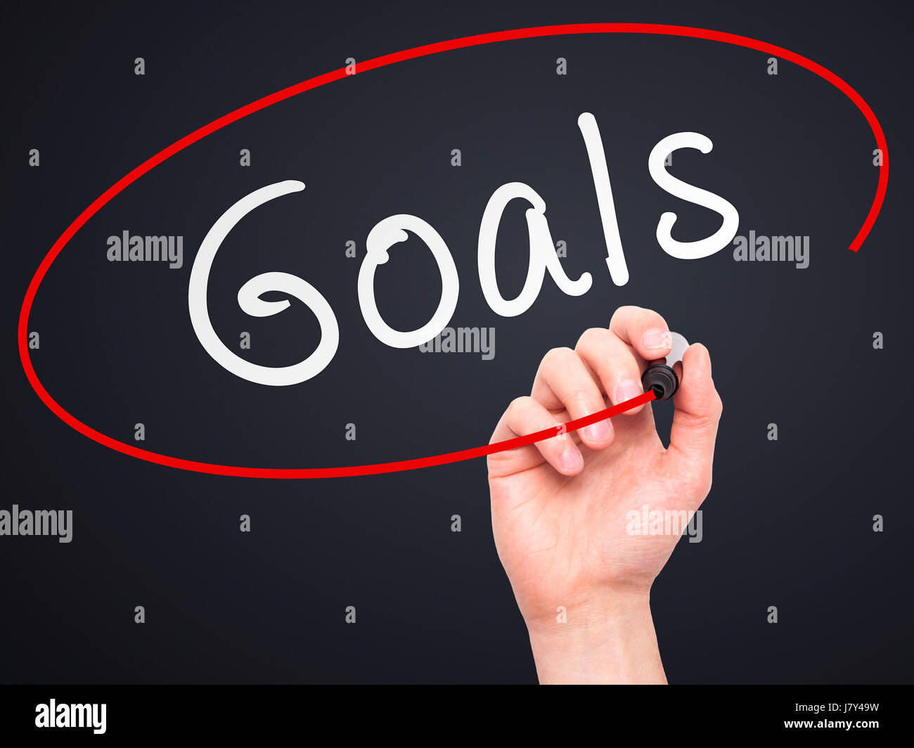 Man hand writing Goals on visual screen. Business,help, internet ...