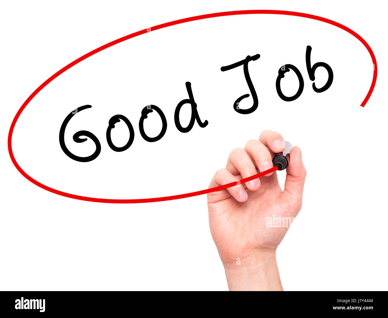 Man Hand writing Good Job with marker on transparent wipe board ...