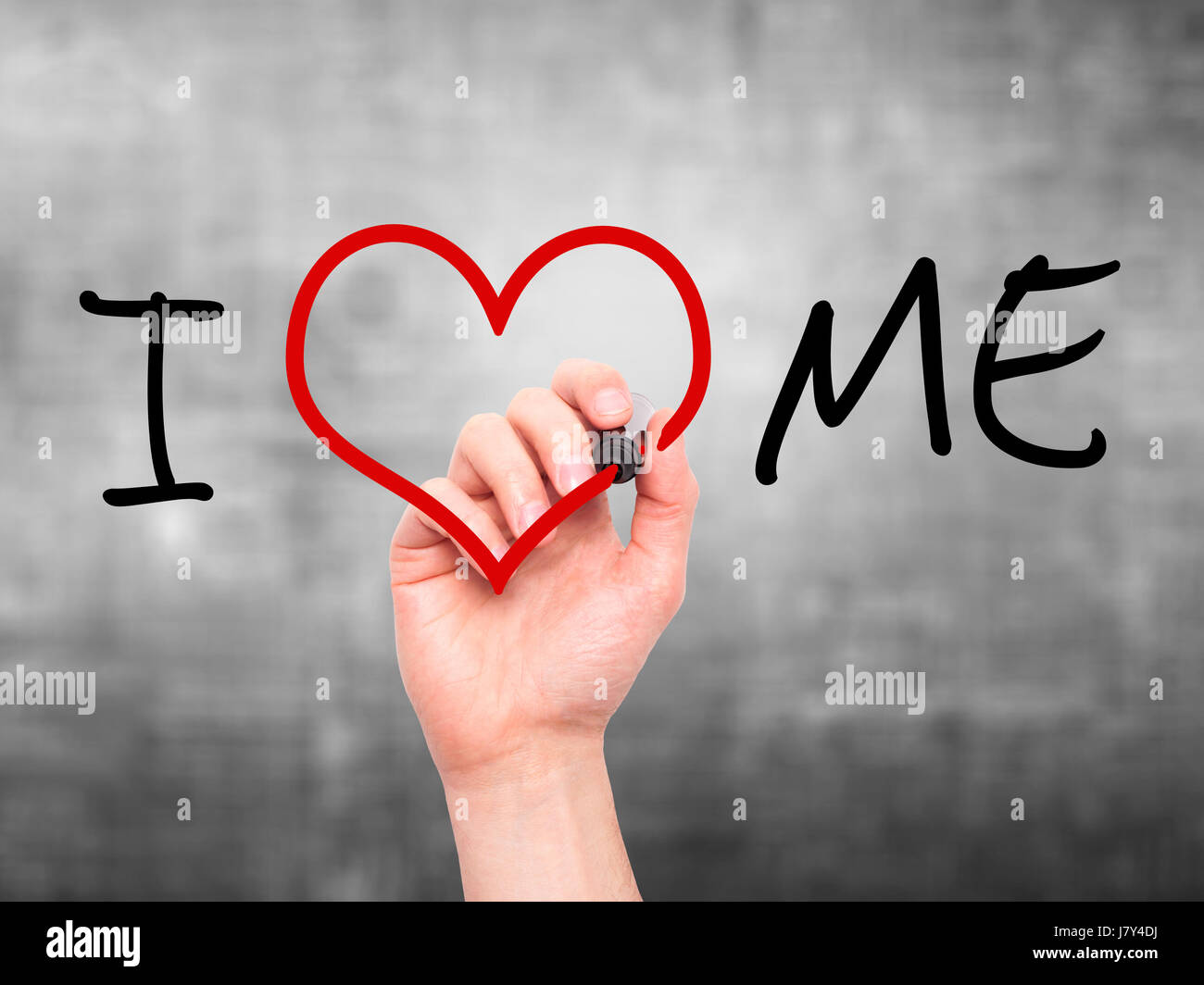 Man hand writing I Love Me on visual screen. Love, family, internet ...