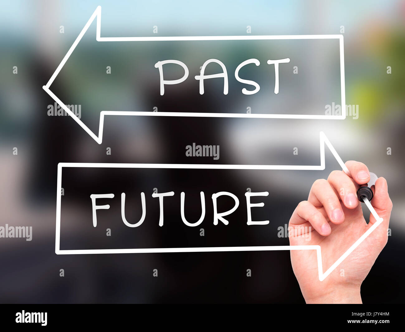 Man Hand writing Past and Future with marker on transparent wipe board ...