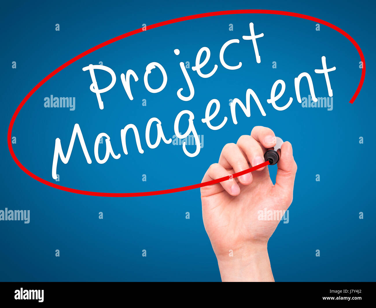 Man Hand writing Project Management with marker on transparent wipe ...