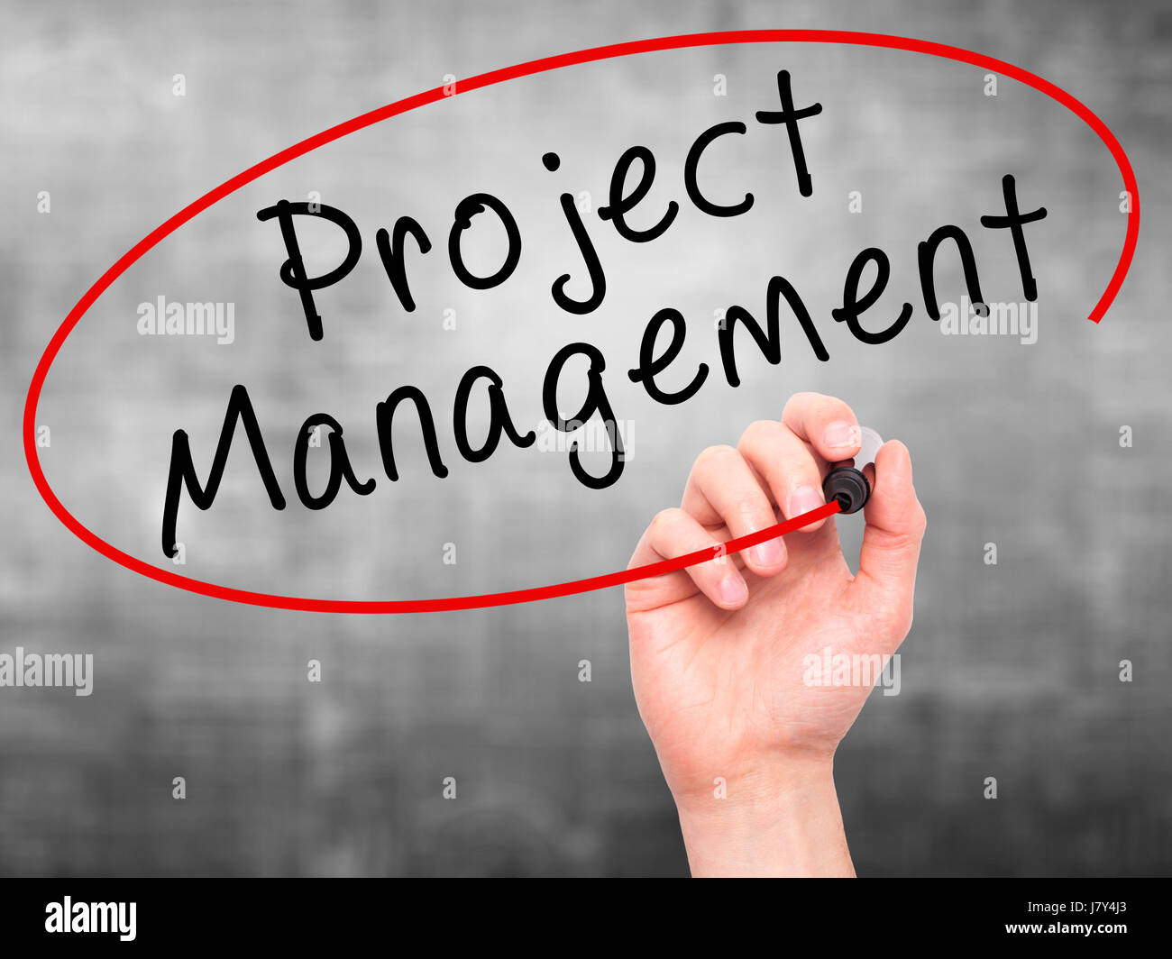 Man Hand writing Project Management with marker on transparent wipe ...