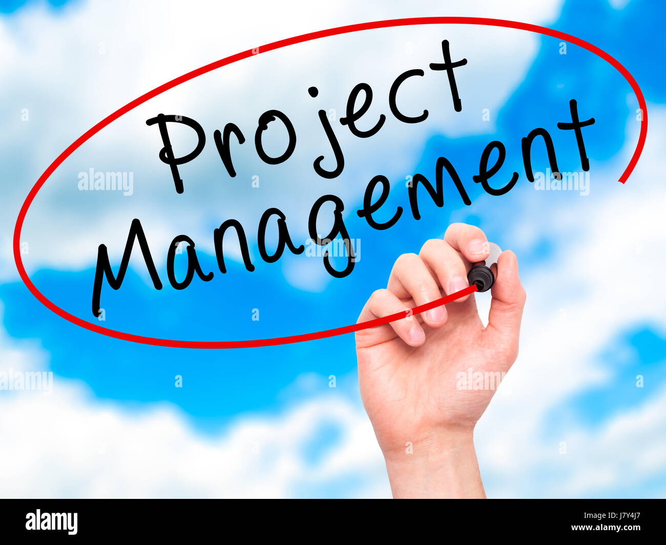 Man Hand writing Project Management with marker on transparent wipe ...