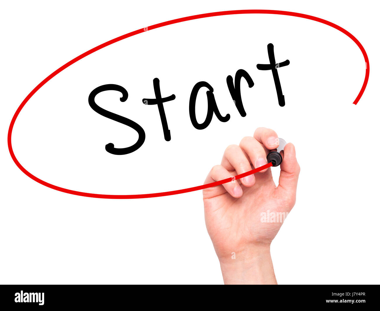 Man Hand writing Start with marker on transparent wipe board. Isolated ...