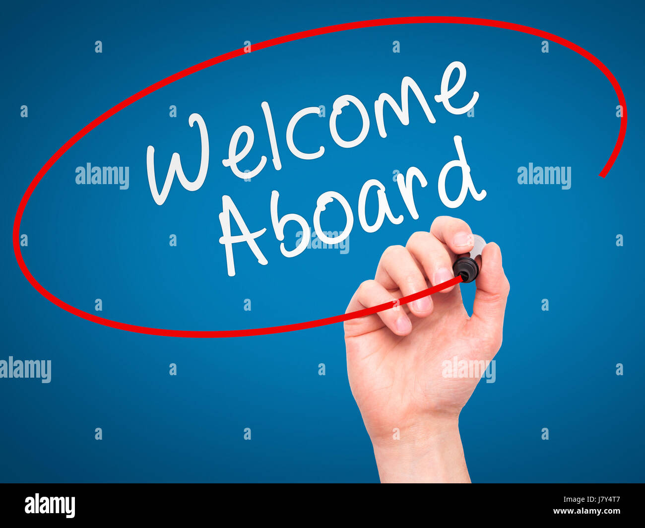 Man hand writing Welcome Aboard on visual screen. Business,help ...