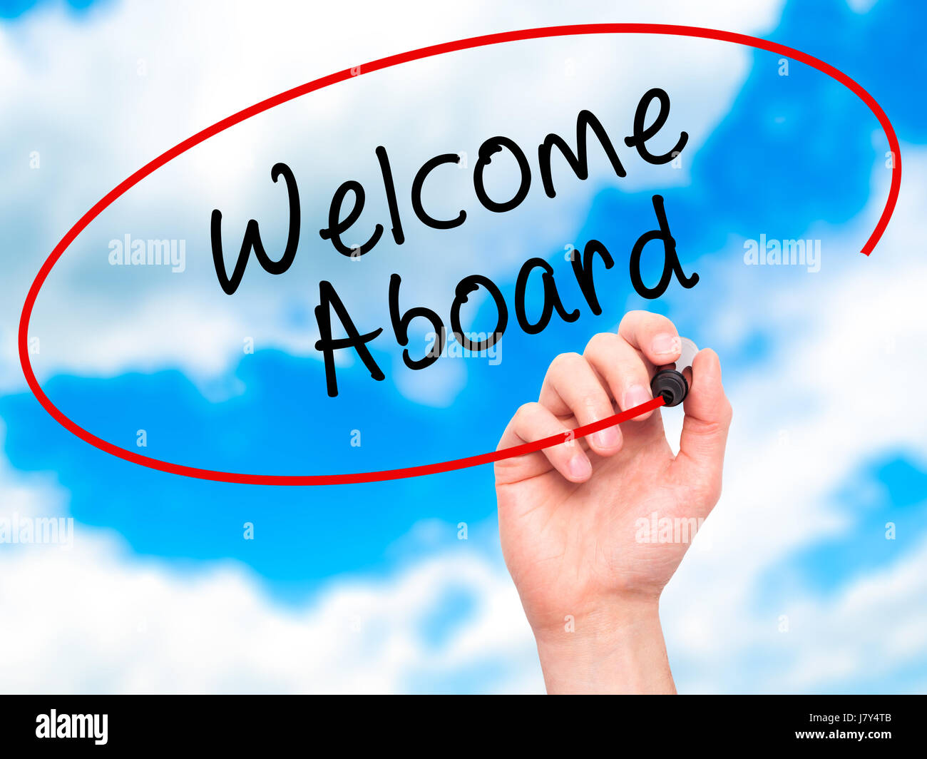 Man hand writing Welcome Aboard on visual screen. Business,help ...