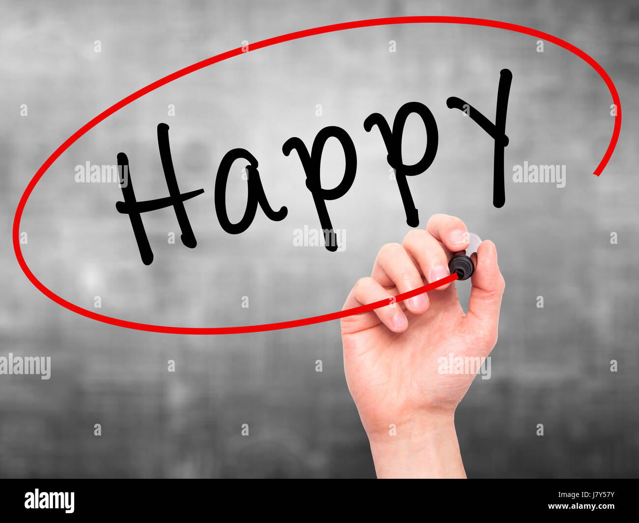 Man Hand writing Happy black marker on visual screen. Isolated on grey ...