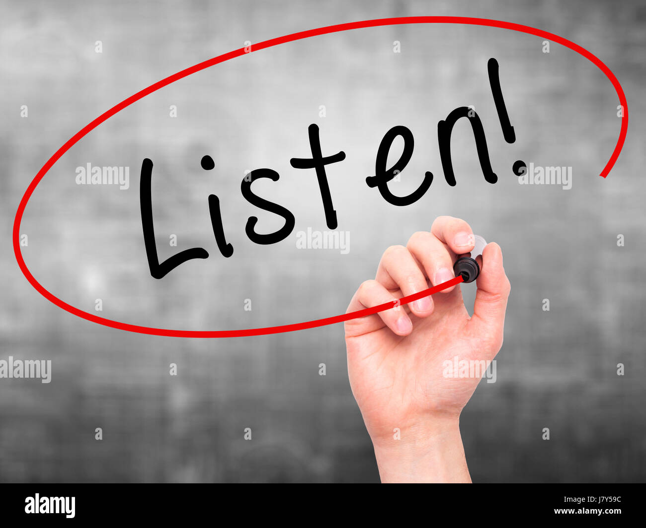 Man Hand writing Listen with black marker on visual screen. Isolated on ...