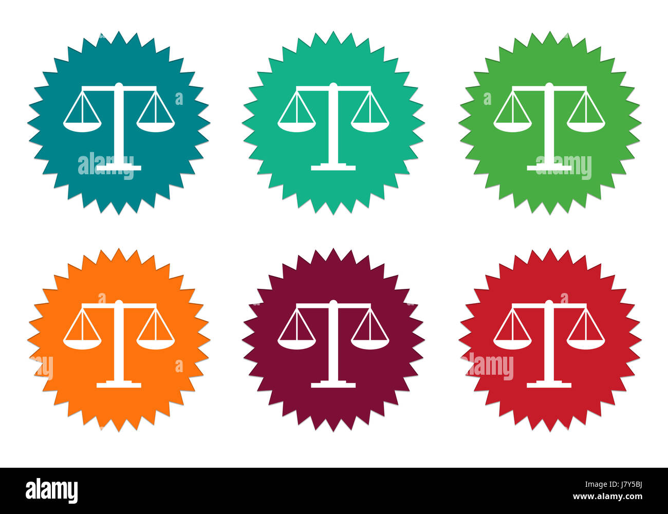 Set of colorful stickers icons with legal symbol in blue, green, orange ...