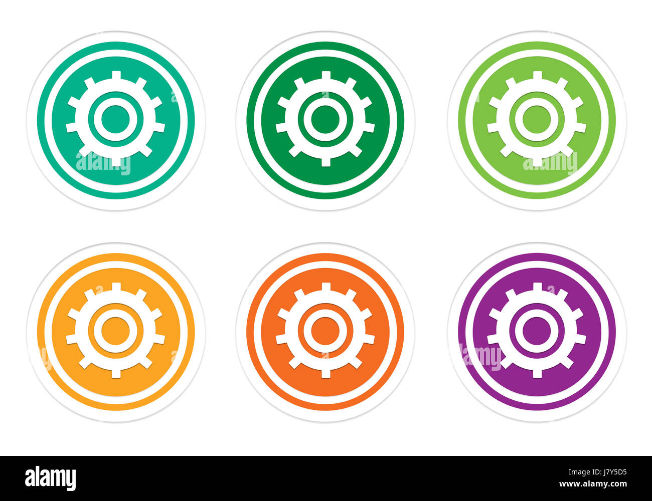 Set of rounded colorful icons with gear symbol in green, yellow, orange ...