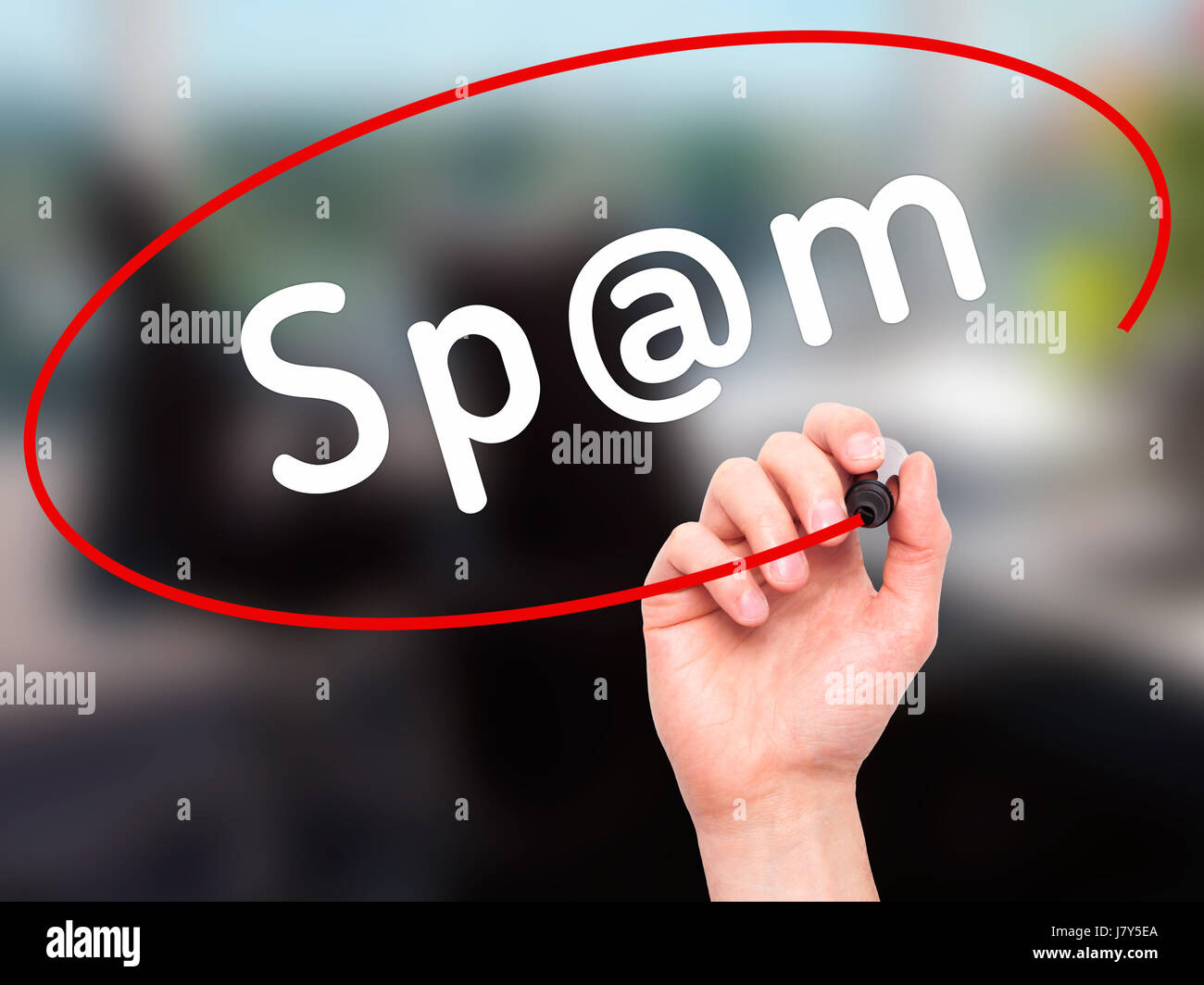 Man Hand writing Spam with black marker on visual screen. Isolated on ...