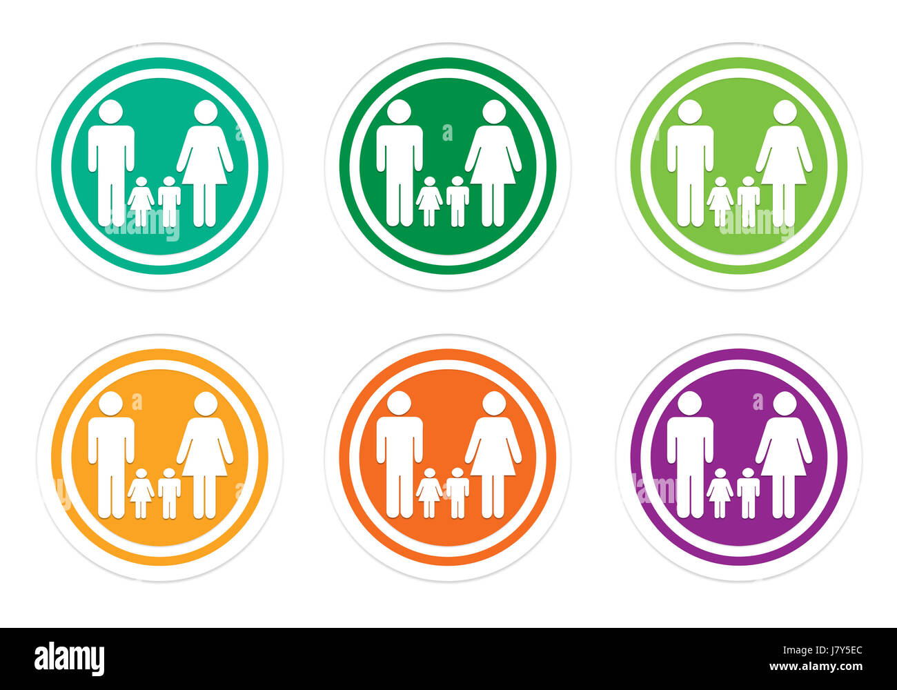 Set of rounded colorful icons with family symbol in green, yellow ...
