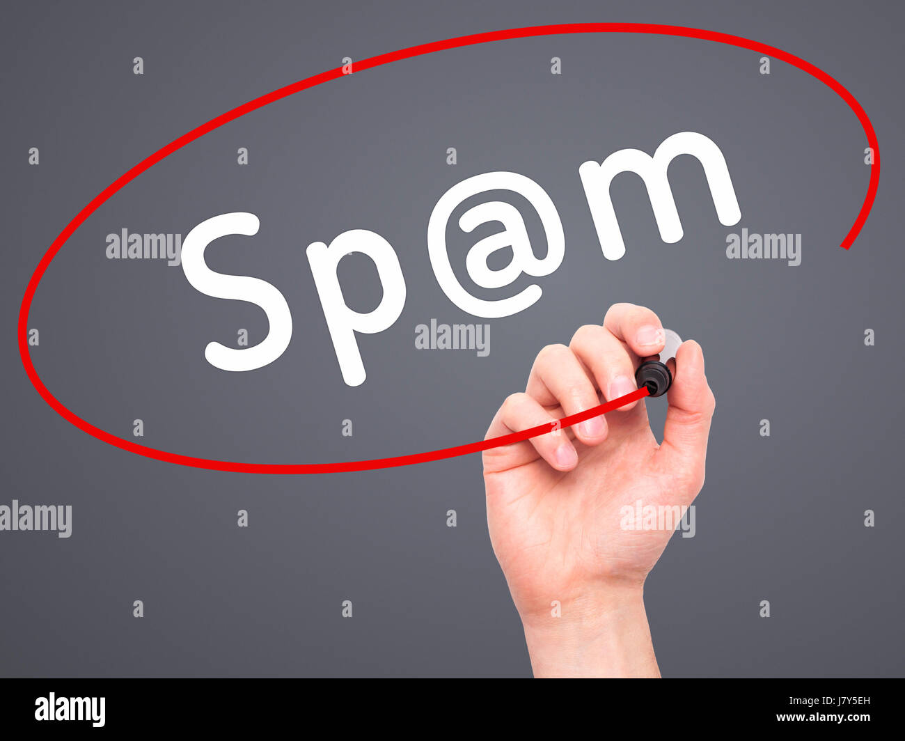 Man Hand writing Spam with black marker on visual screen. Isolated on ...