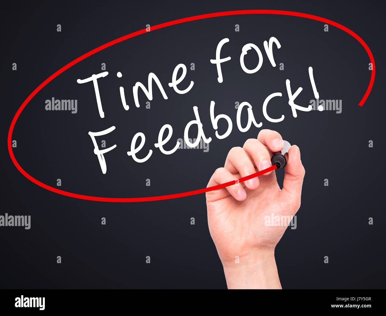 Man Hand writing Time for Feedback with black marker on visual screen ...