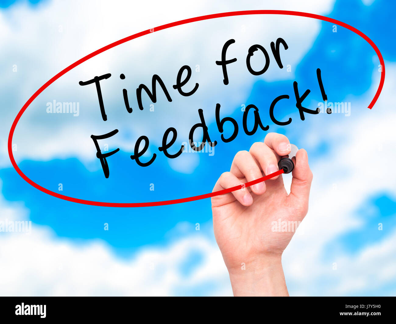 Man Hand writing Time for Feedback with black marker on visual screen ...