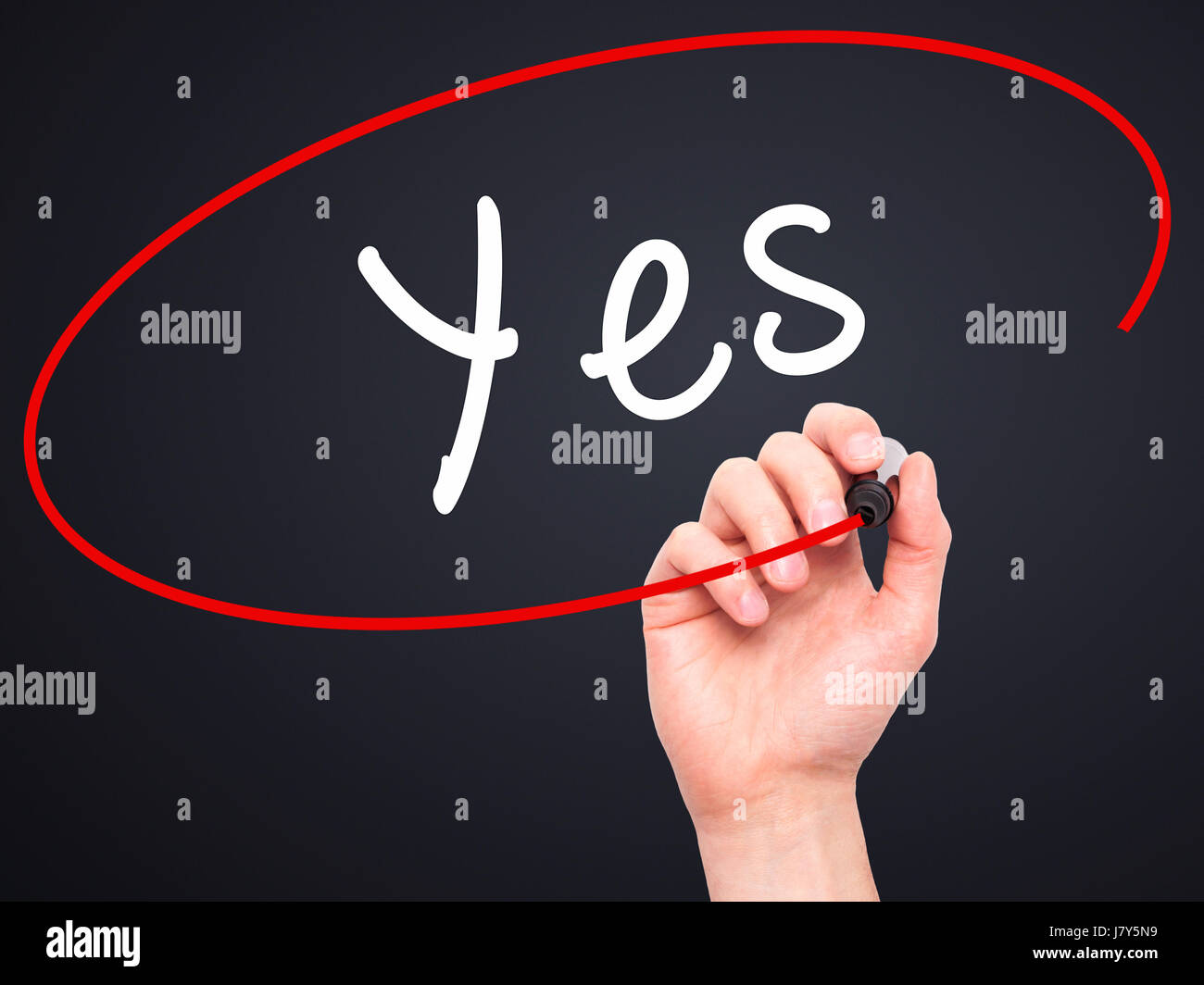 Man Hand writing Yes with black marker on visual screen. Isolated on ...