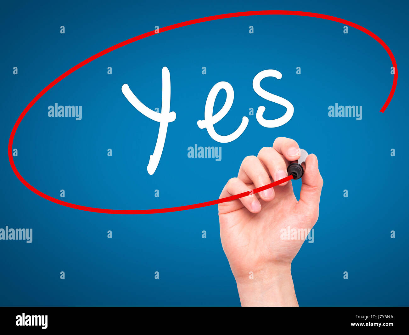 Man Hand writing Yes with black marker on visual screen. Isolated on ...