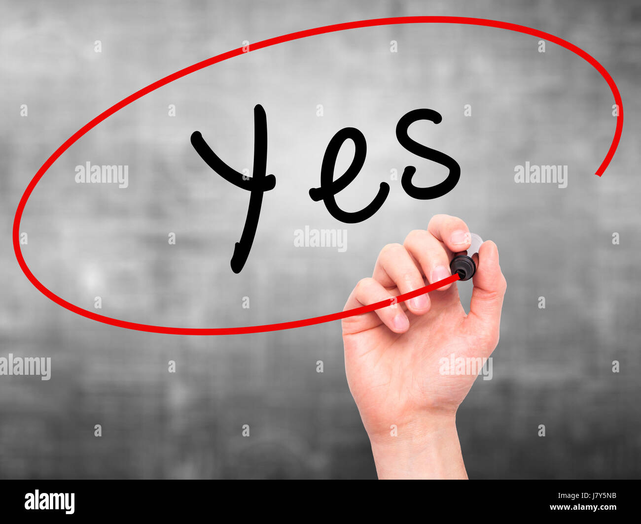 Man Hand writing Yes with black marker on visual screen. Isolated on ...