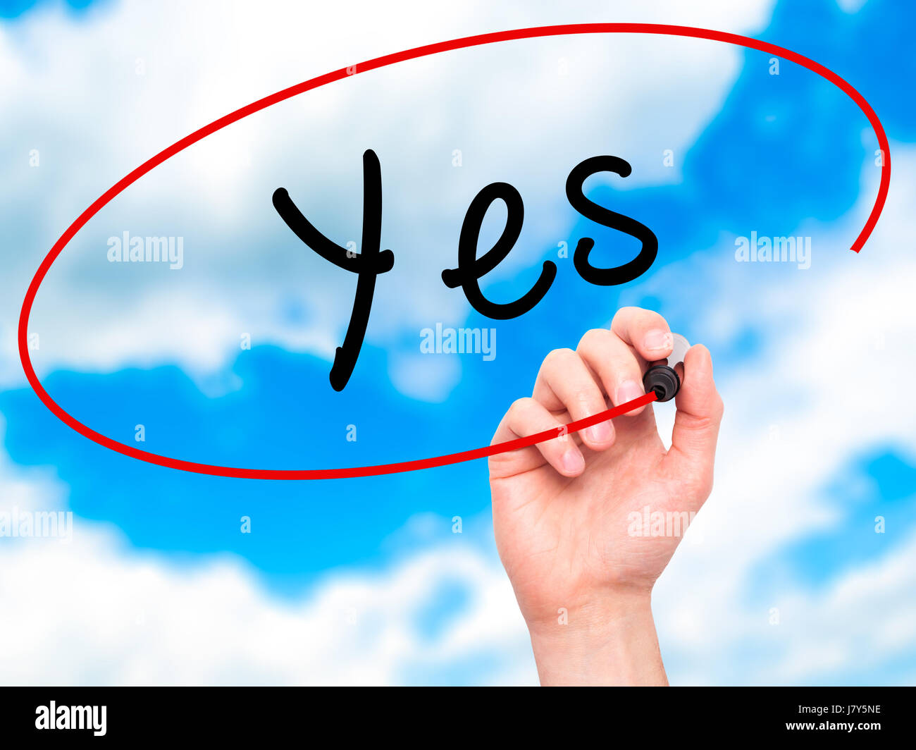 Man Hand writing Yes with black marker on visual screen. Isolated on ...