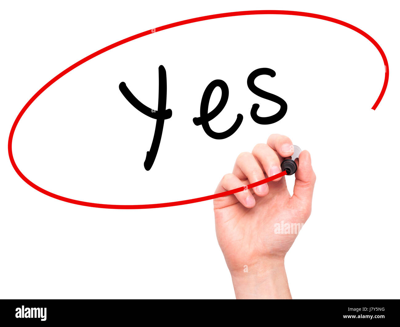 Man Hand writing Yes with black marker on visual screen. Isolated on ...