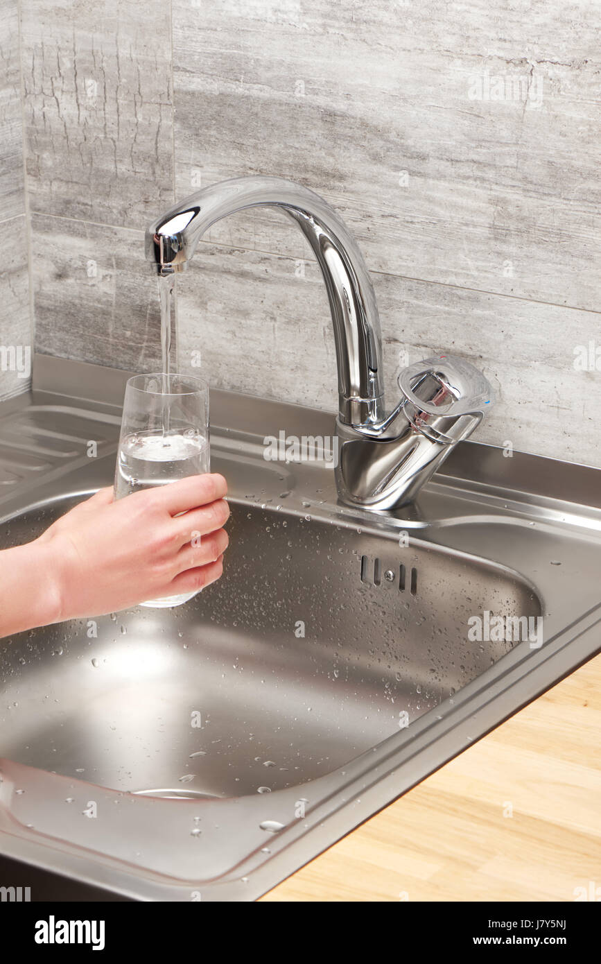 Faucet sink hand water glass hi-res stock photography and images - Alamy