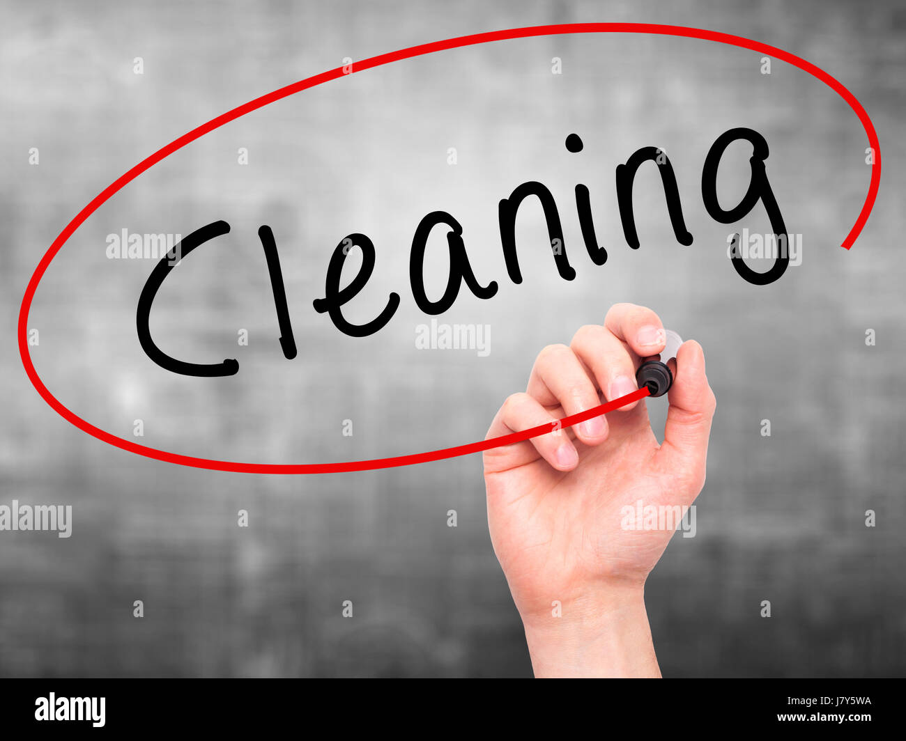 Man Hand writing Cleaning with black marker on visual screen. Isolated ...